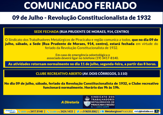 Comunicado Feriado – 09 de Julho – Revolução Constitucionalista de 1932 ...